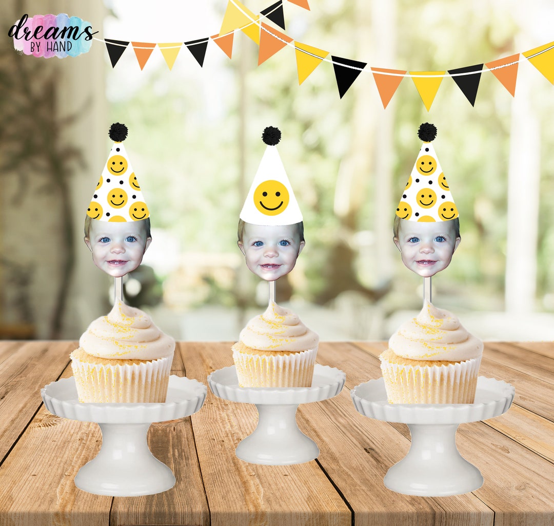 Personalized Smiley Face Cupcake Toppers: First Birthday Party ...