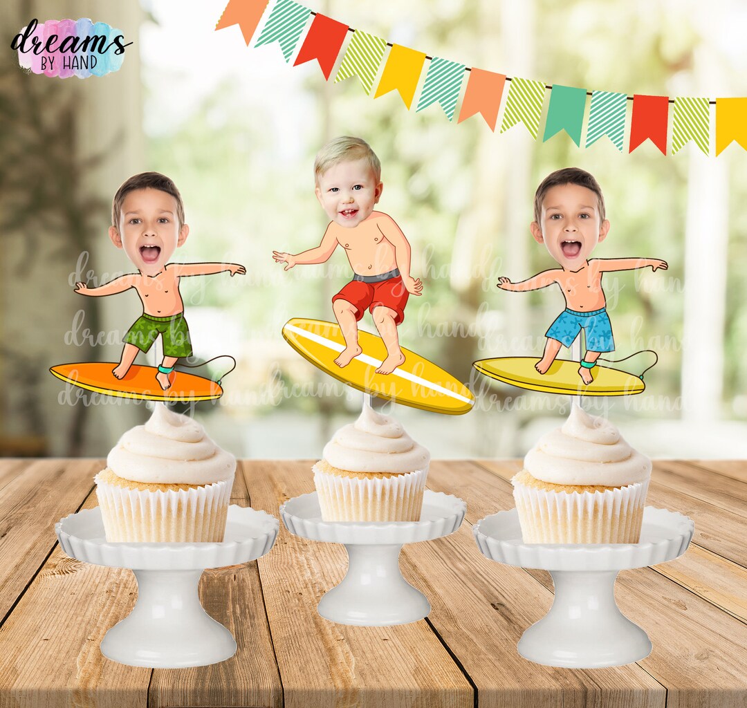 SURFER BOY Photo Cupcake Topper, Surfing Cupcake Toppers, Boys Party ...