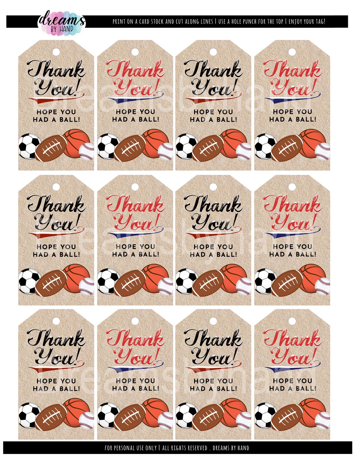 Printable Sports Party Tags Hope You Had a Ball Tags Sports - Etsy