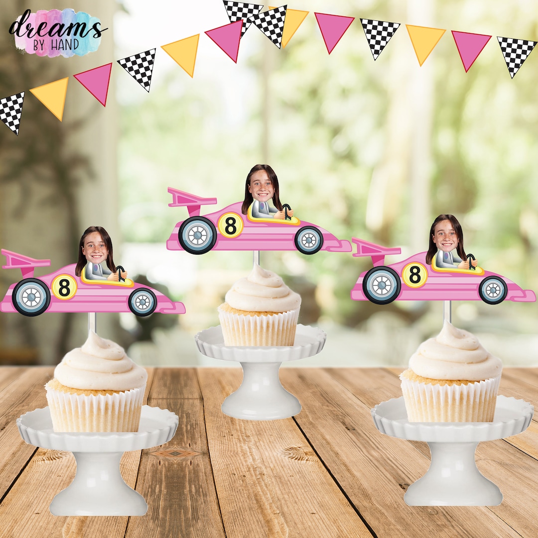 Race Car Photo Cupcake Topper, Face Cupcake Toppers, Car Racing Party ...