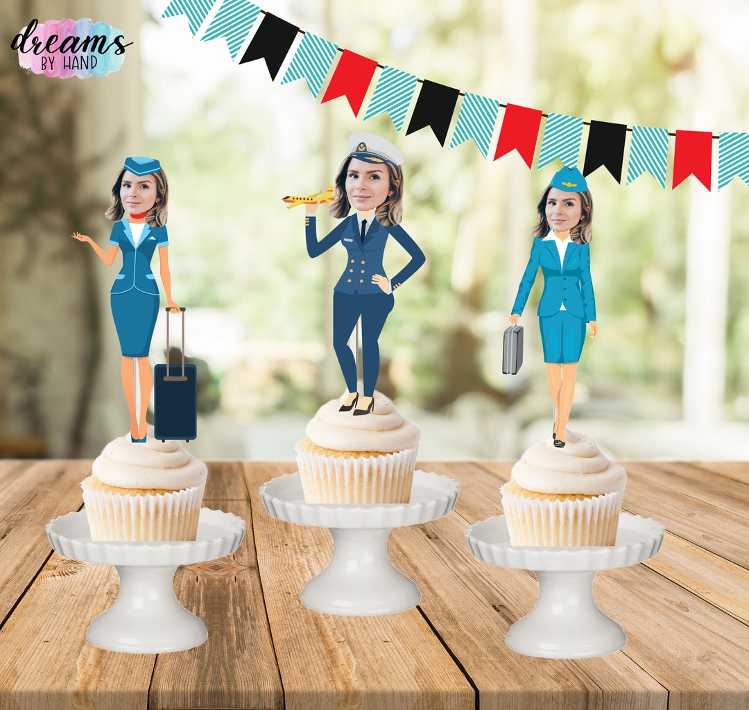 Female Pilot Cupcake Toppers, Flight Attendant Cupcake Toppers, Aviator ...
