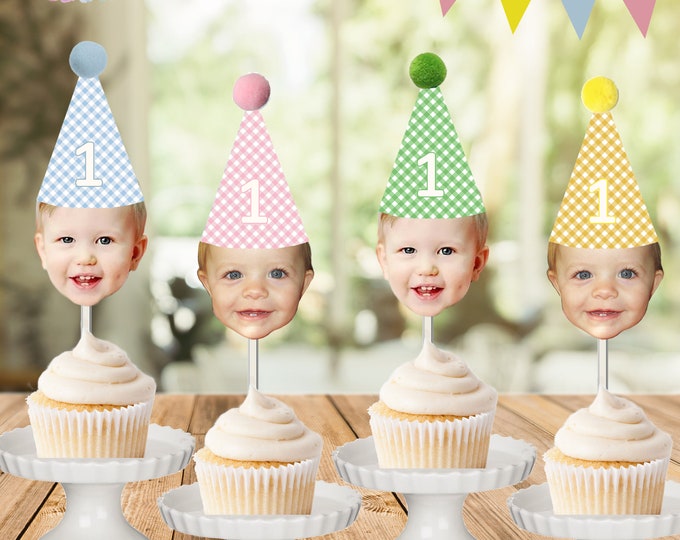 Custom Face Cupcake Toppers, Pastel Gingham Party Hats, Plaid Birthday ...