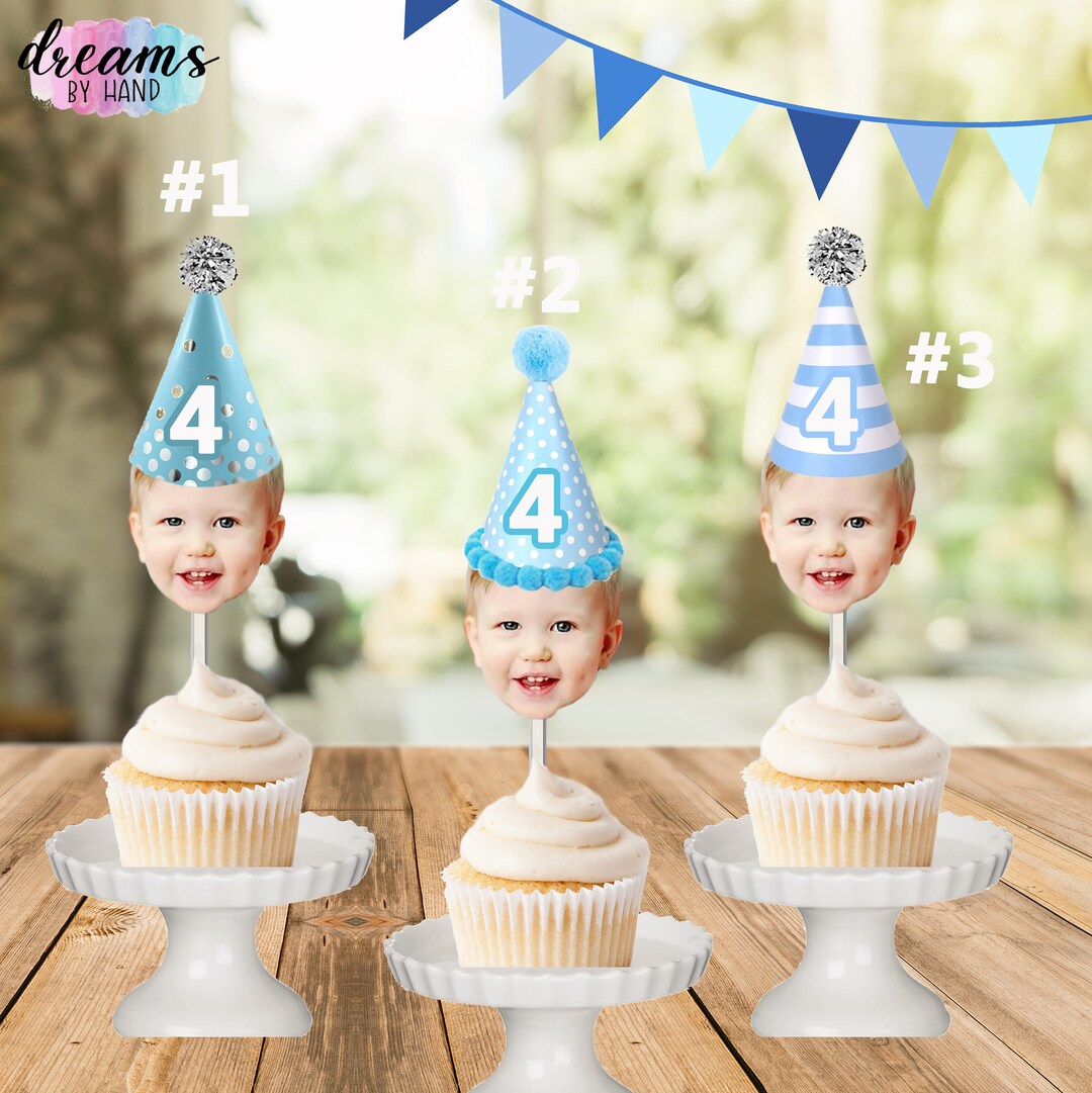 Birthday Hat Cupcake Toppers, Blue Hat Photo Toppes, Birthday ...