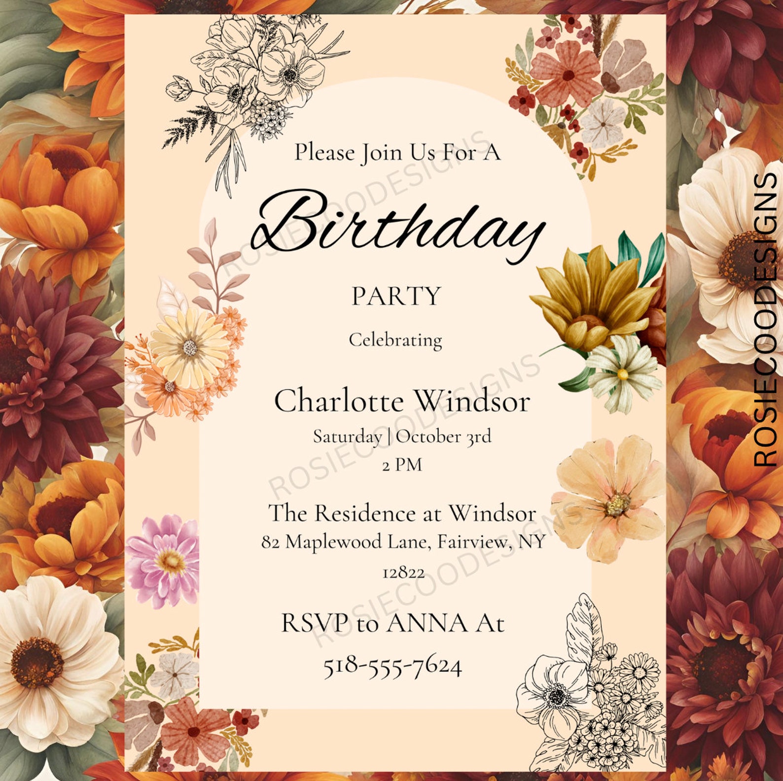 Editable Fall Floral Birthday Invitation Autumn Botanical Design ...