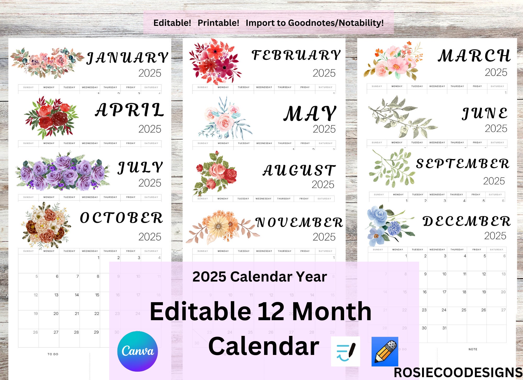 2025 EDITABLE and Printable Flower Themed Calendar, Printable and ...