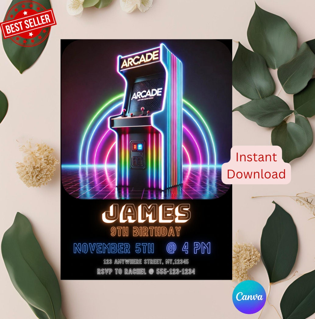 Editable Arcade Birthday Party Invitation Neon Party Boys Game Party ...