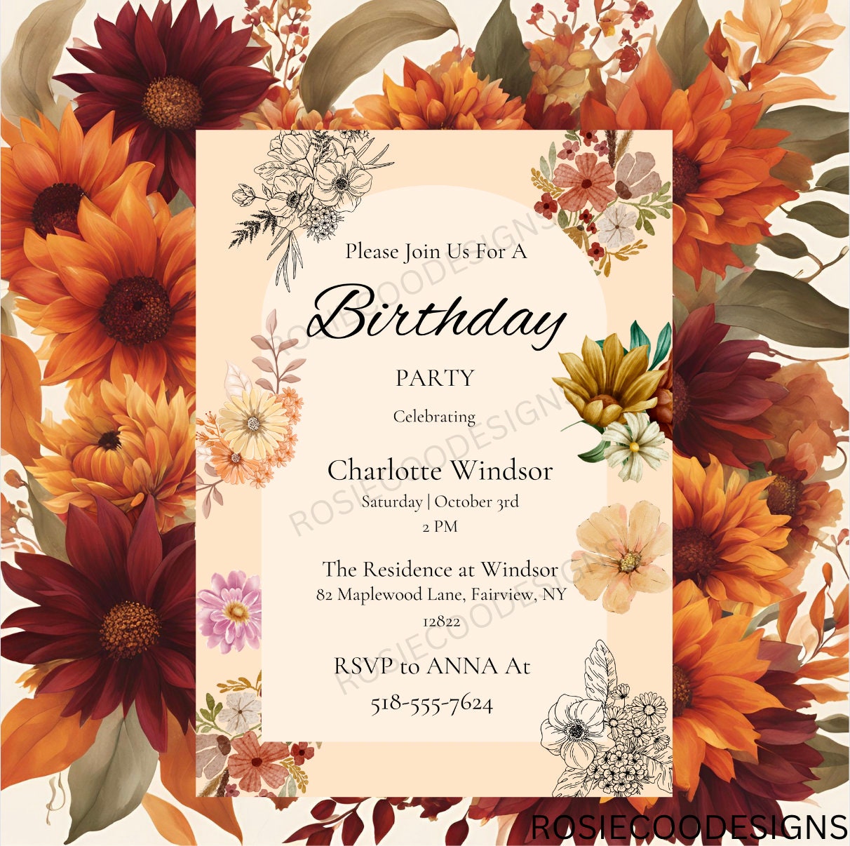Editable Fall Floral Birthday Invitation Autumn Botanical Design ...
