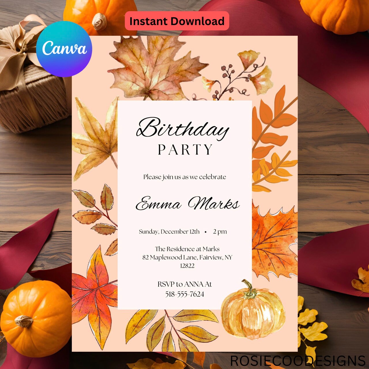 Editable Autumn Birthday Invitation Birthday Party Template Fall Themed ...