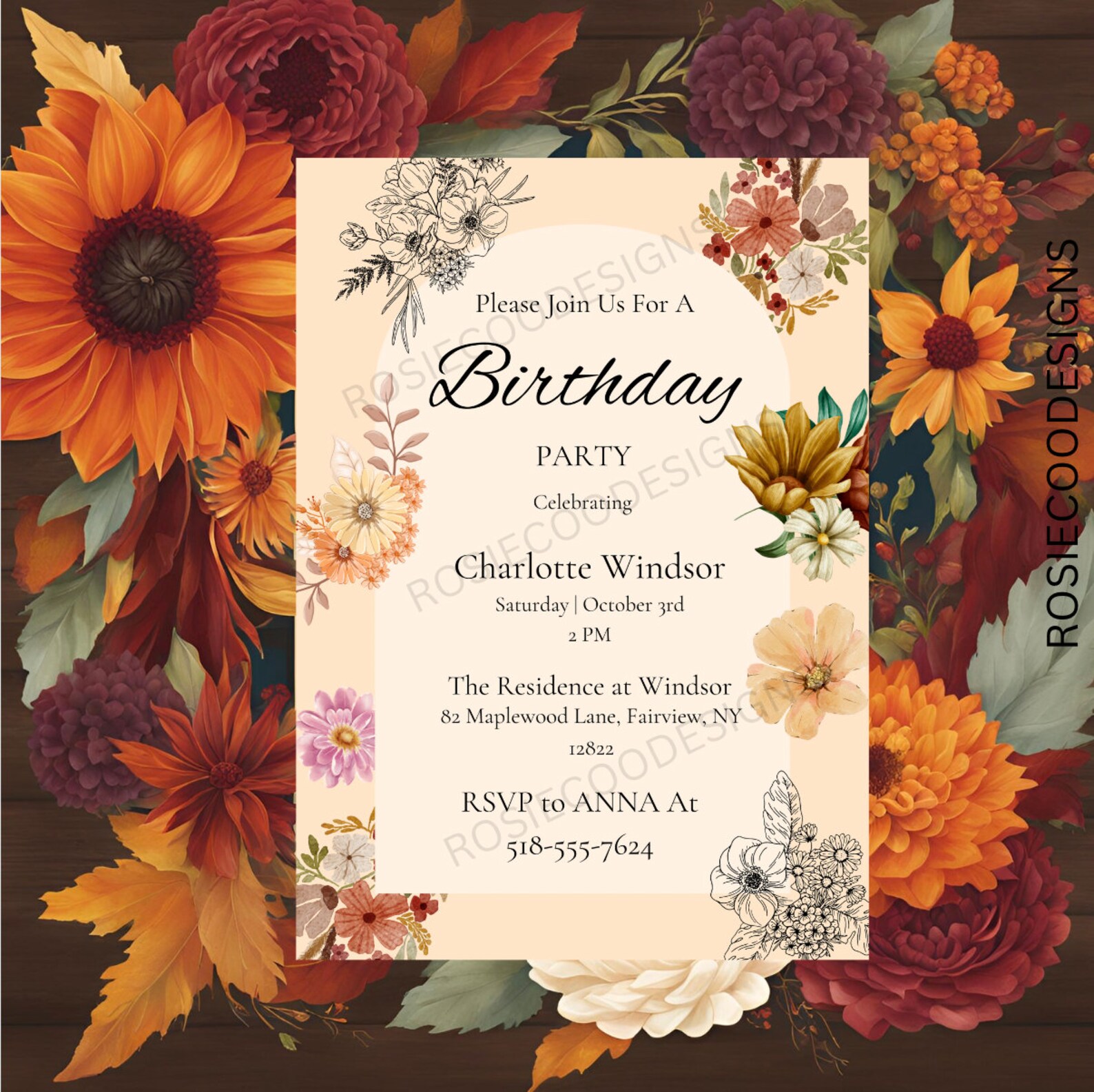 Editable Fall Floral Birthday Invitation Autumn Botanical Design ...