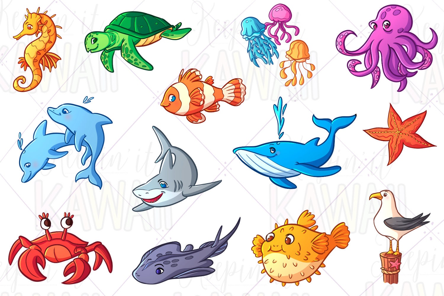 Sea Animals Clip Art, Kawaii Sea Animals, Animal Clip Art Bundle, Clip ...