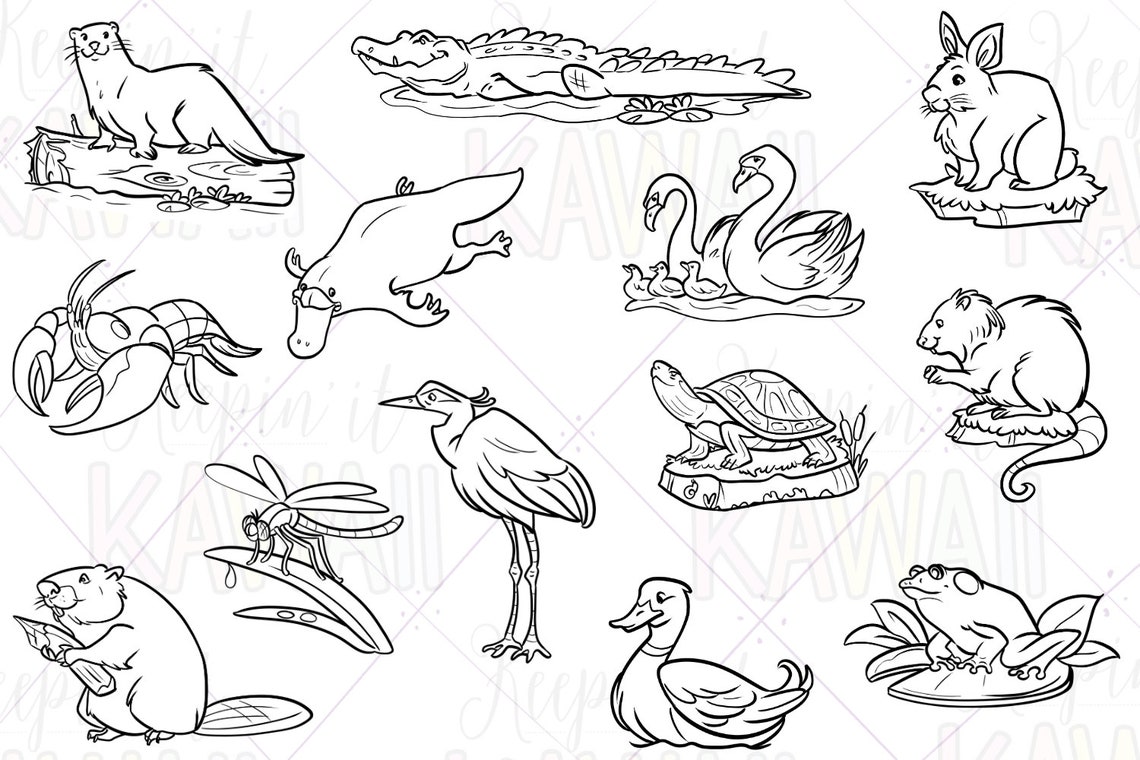 Wetland Animals Digital Stamps, Kawaii Wetland Animals, Animal Clip Art ...