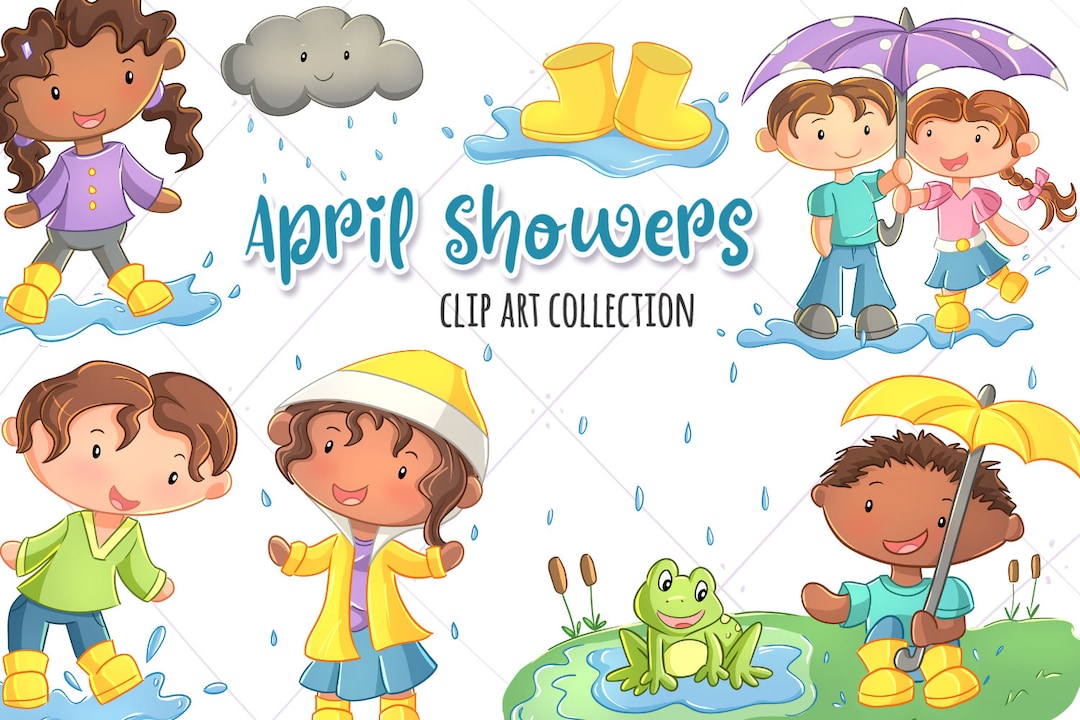 April Showers Cute Clip Art Collection, Rain Showers, Kids Playing in ...