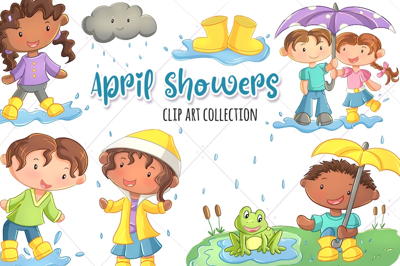 April Showers Cute Clip Art Collection, Rain Showers, Kids Playing in ...