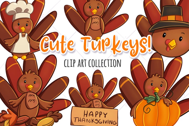 Cute Turkeys Thanksgiving Clip Art Fall Turkeys Kawaii - Etsy