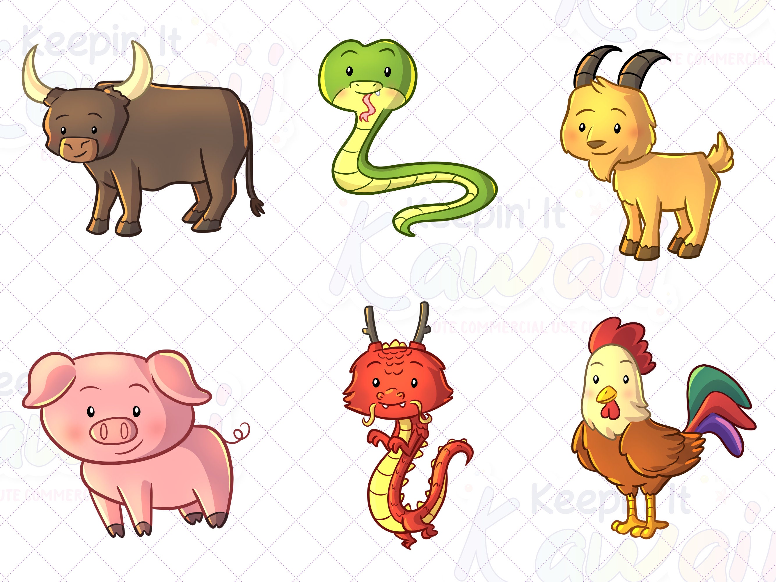 Cute Chinese Zodiac Animals Clip Art, Kawaii Zodiac Animals, Cute ...