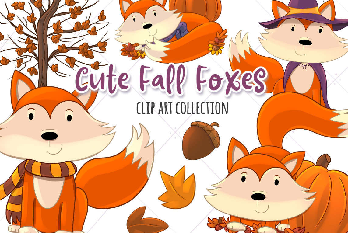 Cute Fall Foxes Clip Art Collection, Kawaii Foxes Clipart, Cute ...