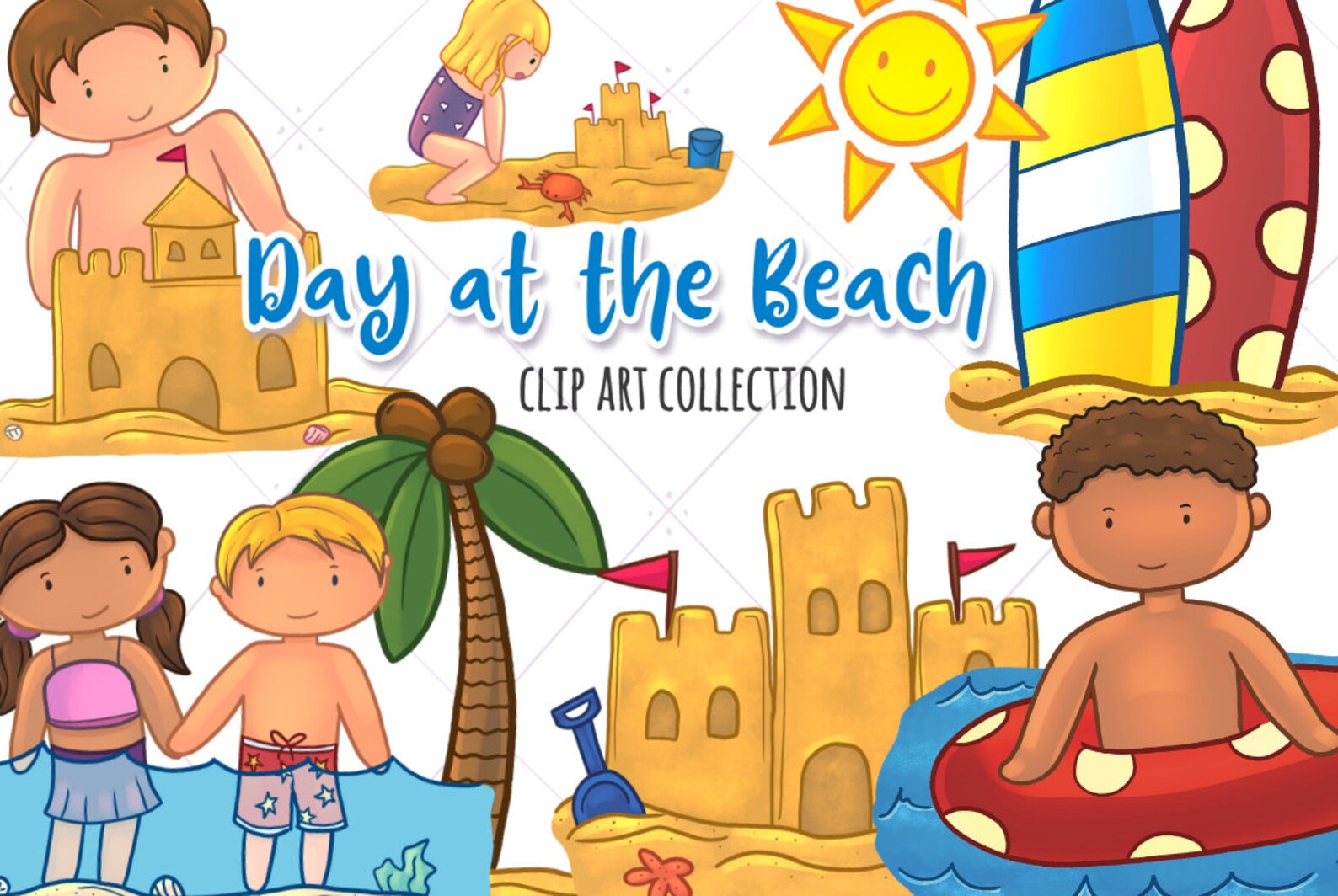Fun Day at the Beach Clip Art Set Cute Kids Beach Clip Art Summer Time ...
