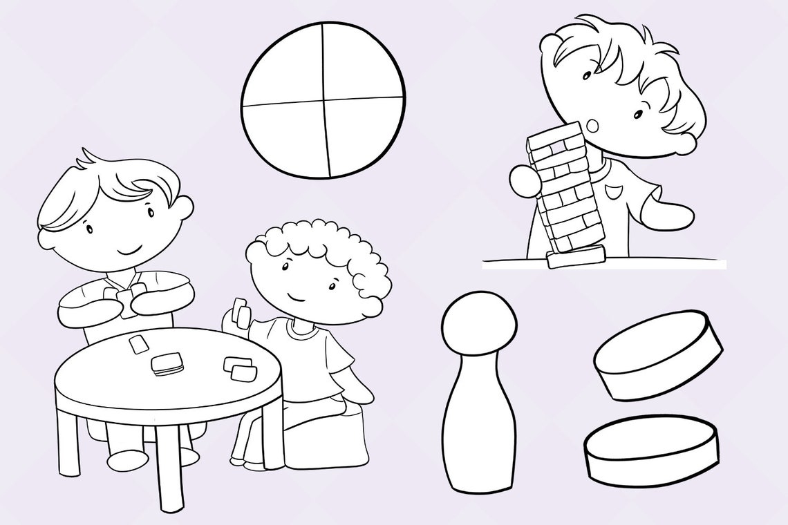 Cute Kids Playing Board Games Black and White Clip Art Board | Etsy
