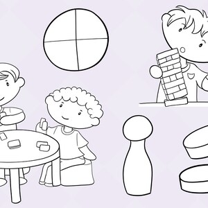 Cute Kids Playing Board Games Black and White Clip Art, Board Game ...