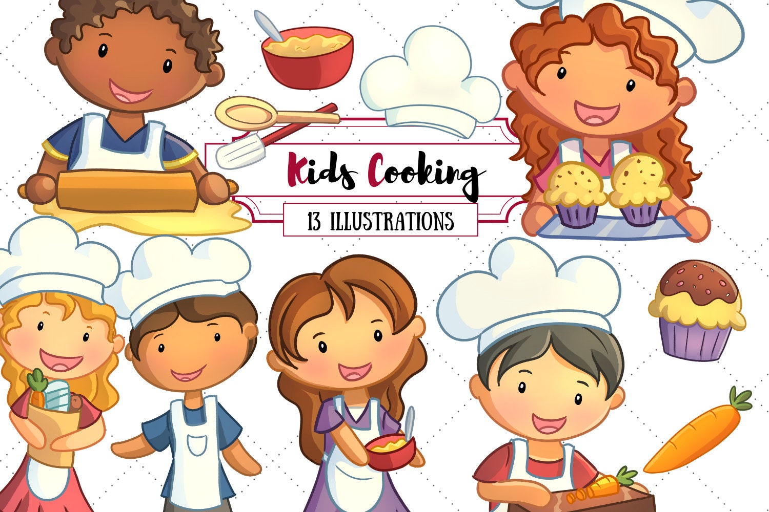 Cute Kids Cooking Clipart Set Kawaii Kids Baking Clip Art | Etsy