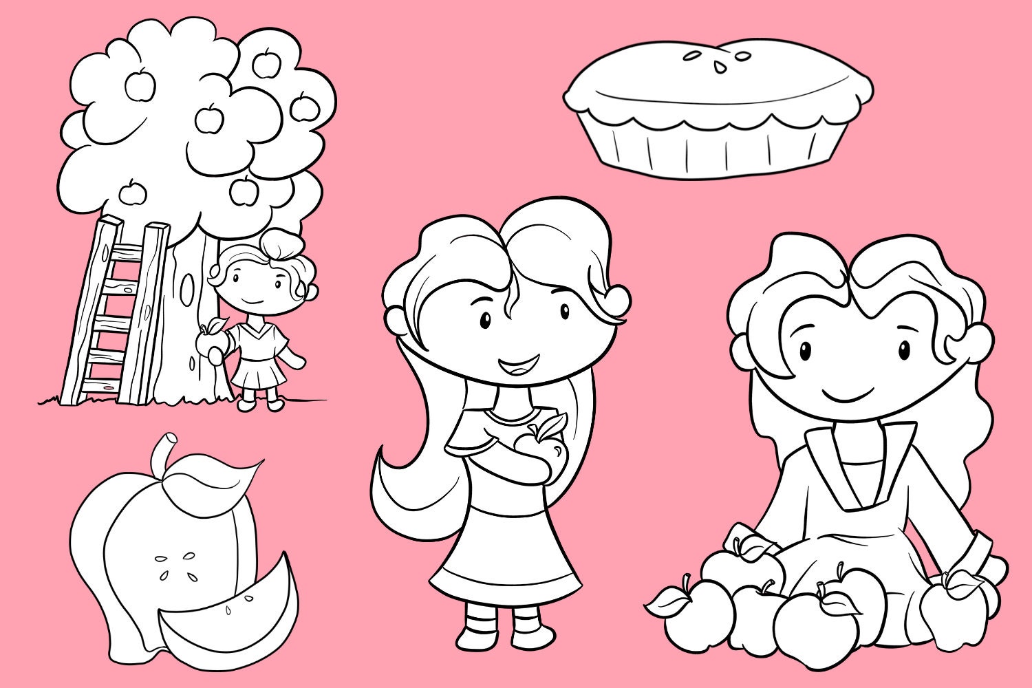 Apple Harvest Black and White Clip Art Collection, Fall Apples, Kids ...