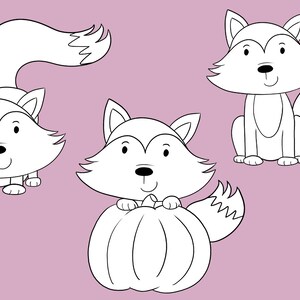Cute Fall Foxes Black and White Clip Art Collection, Kawaii Foxes ...