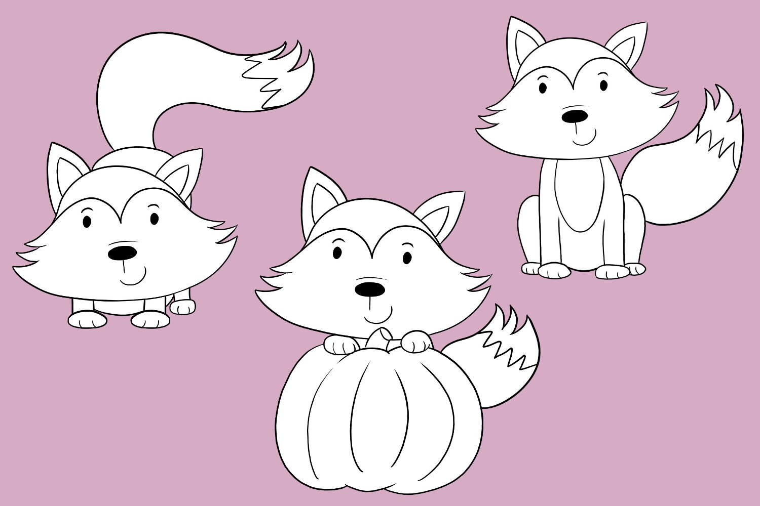 Cute Fall Foxes Black and White Clip Art Collection Kawaii - Etsy