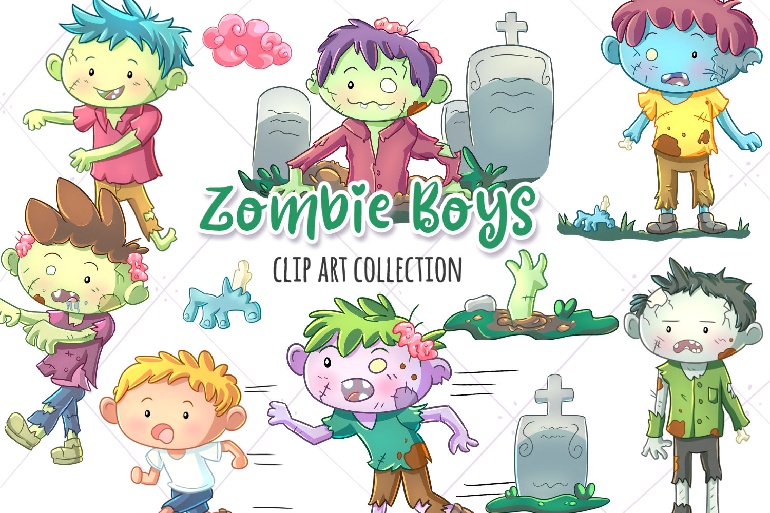 Cute Zombie Halloween Clip Art Collection, Zombie Boys Graphics, Zombie ...