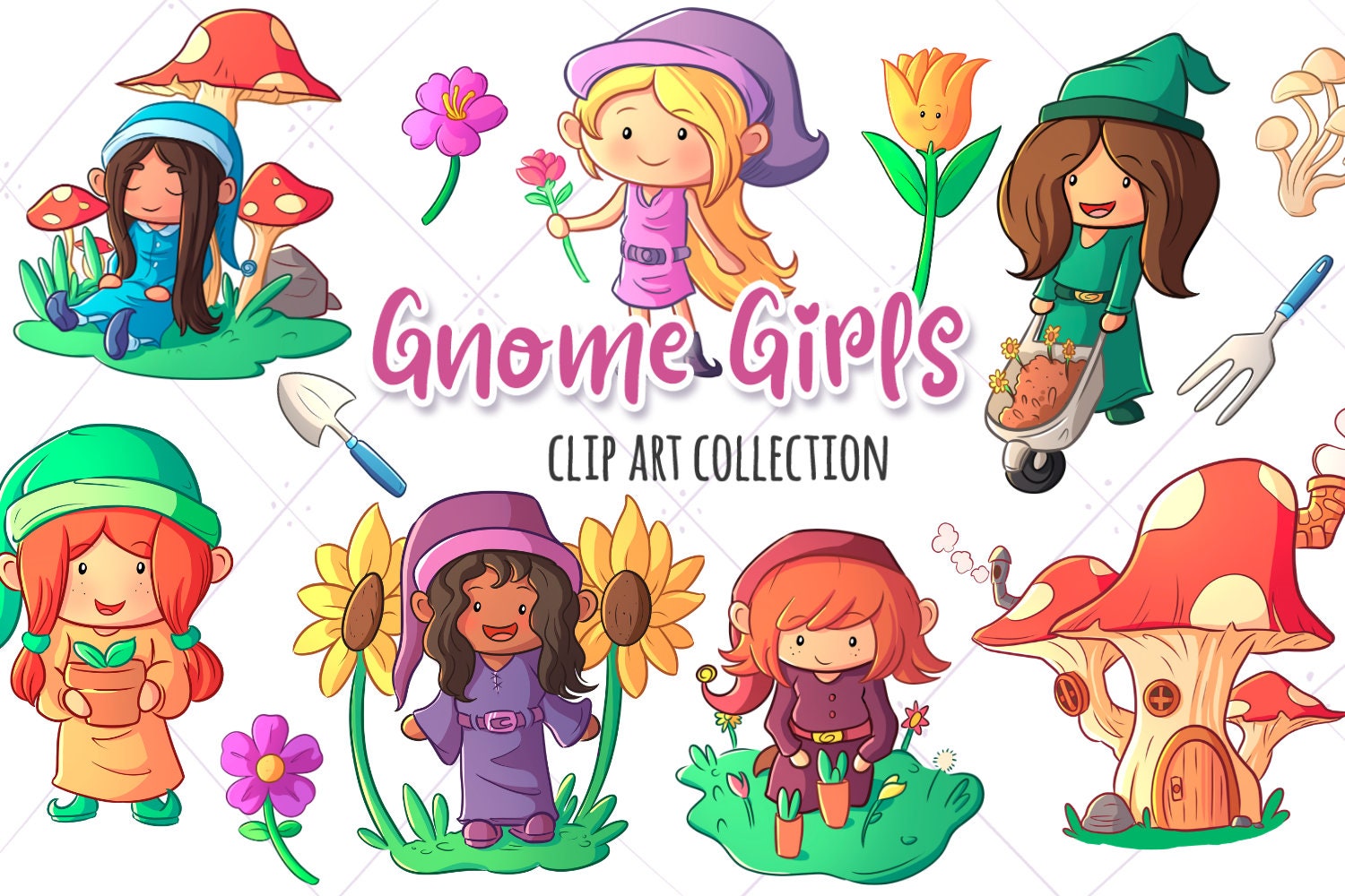 Spring Gnome Girls Clipart Cute Garden Gnome Clip Art Kawaii - Etsy