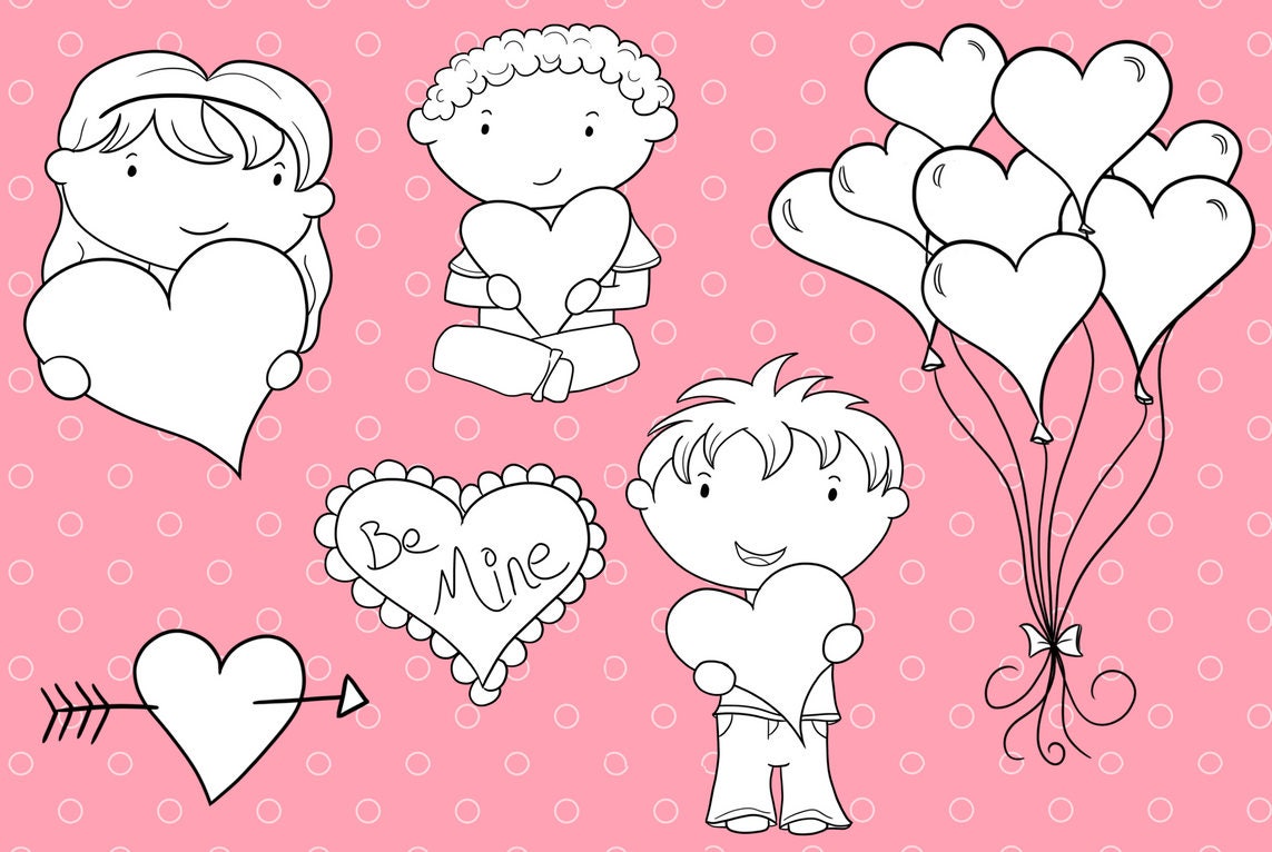 Valentine's Day Kids Digital Stamps - Valentine Illustrations - Hearts ...