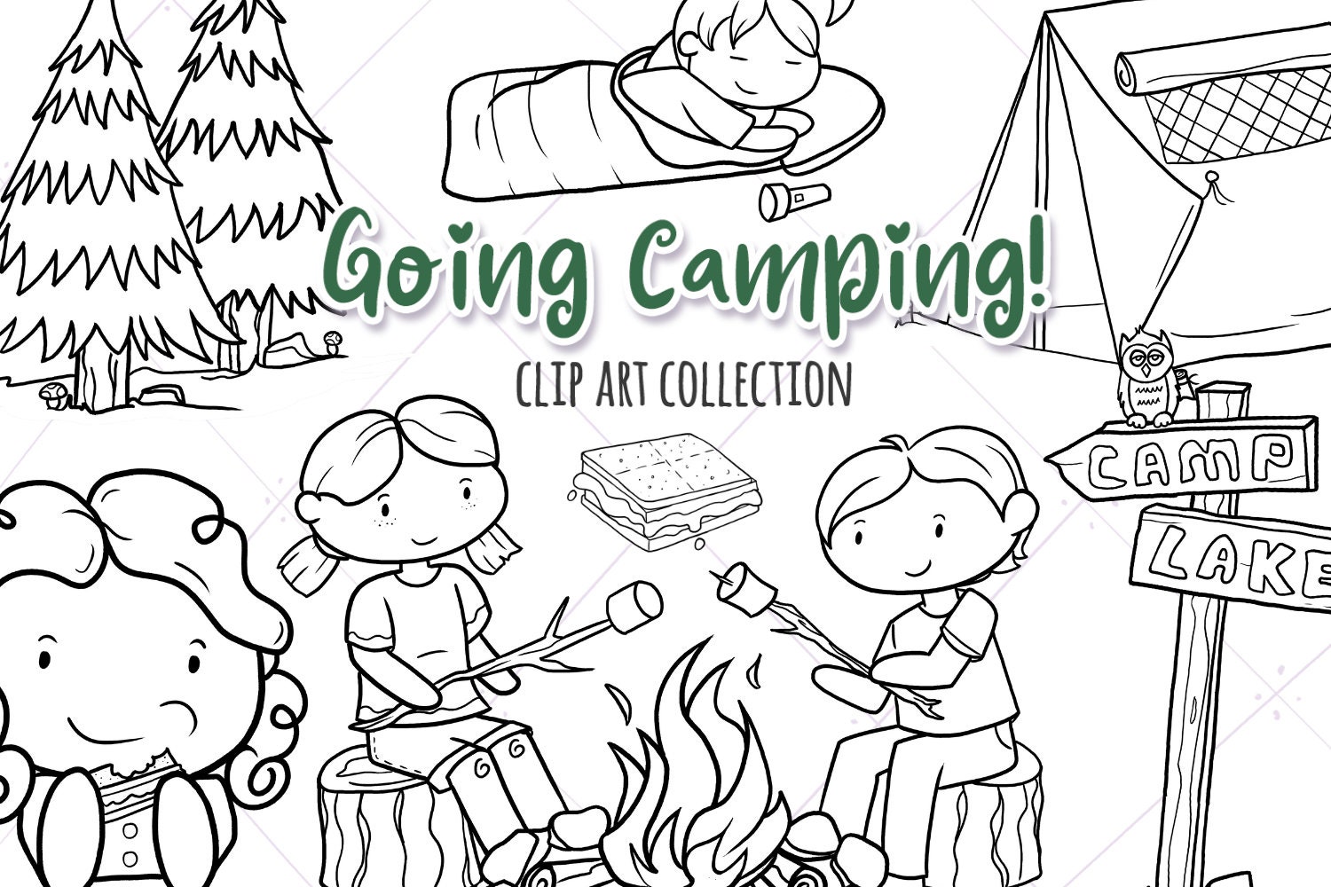Cute Camping Digital Stamps Set Outdoors Black and White Clip Art ...