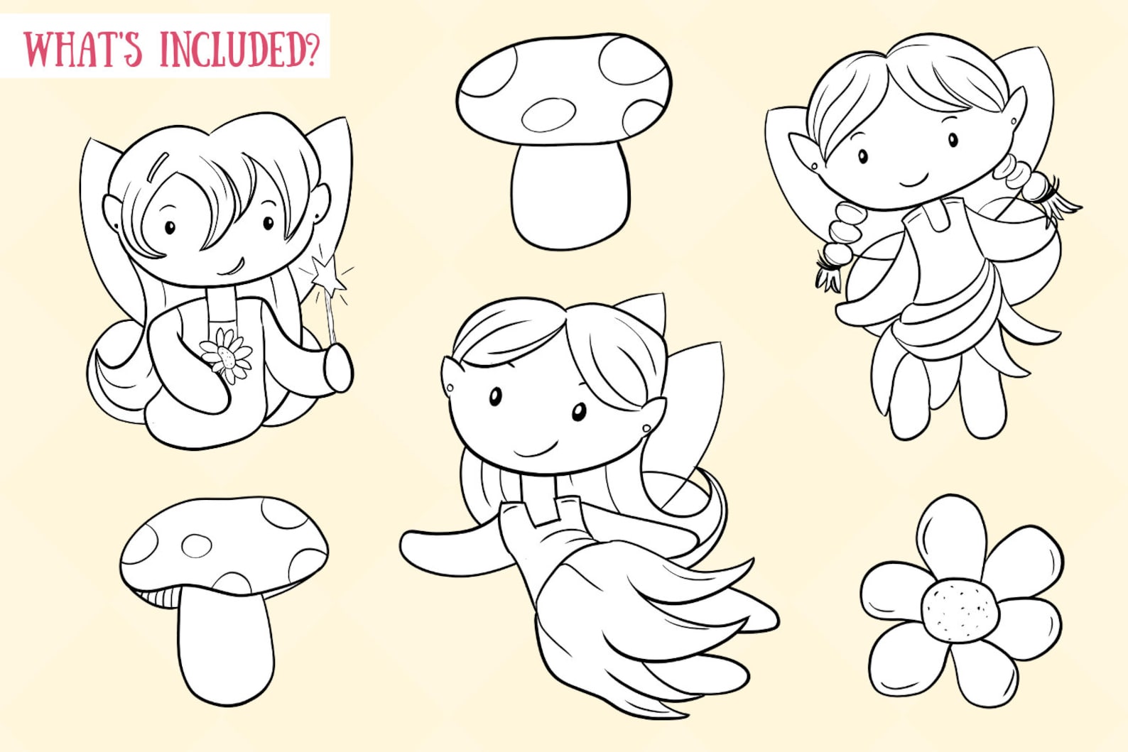 Cute Fairy Black and White Clipart, Fairy Digital Stamps, Fairy ...