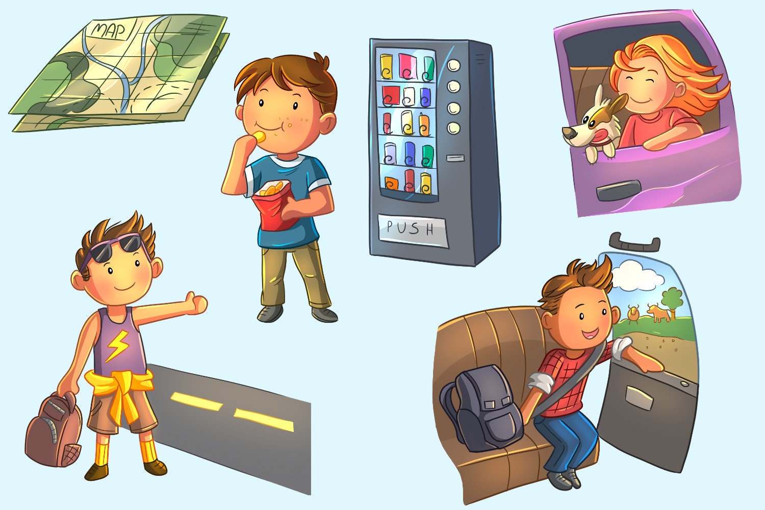 Road Trip Clip Art, Cute Car Travel Clipart, Vacation Clipart, Travel ...