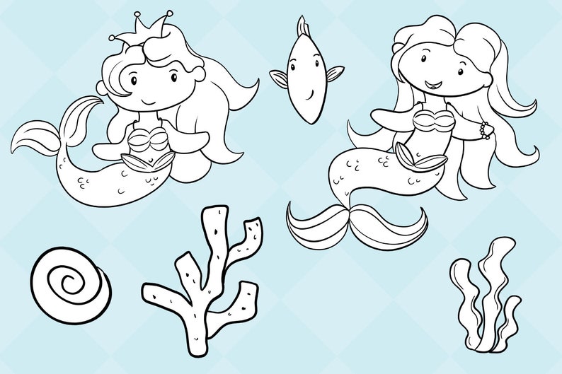 Mermaid Black and White Clipart Mermaids Digital Stamps - Etsy Hong Kong