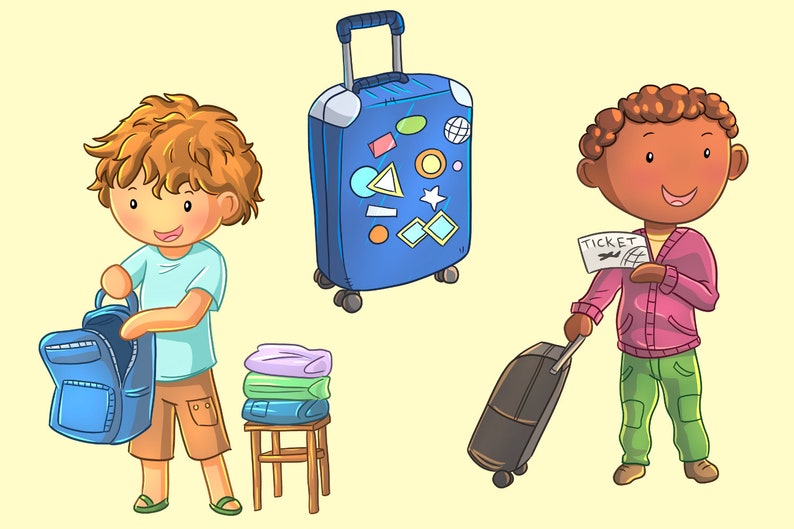 Cute Kids Packing Clip Art, Packing for Vacation, Vacation Clipart ...
