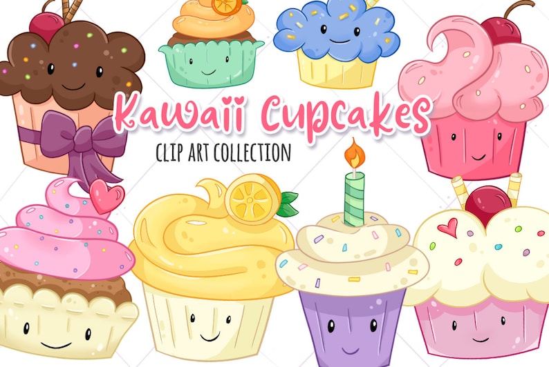 Kawaii Cupcake Clip Art Collection, Kawaii Cupcakes, Cute Party ...