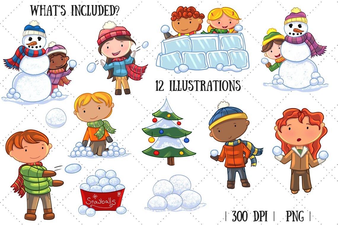 Snow Ball Fight Clip Art Set Cute Kids Snow Ball Fight Clipart Winter ...