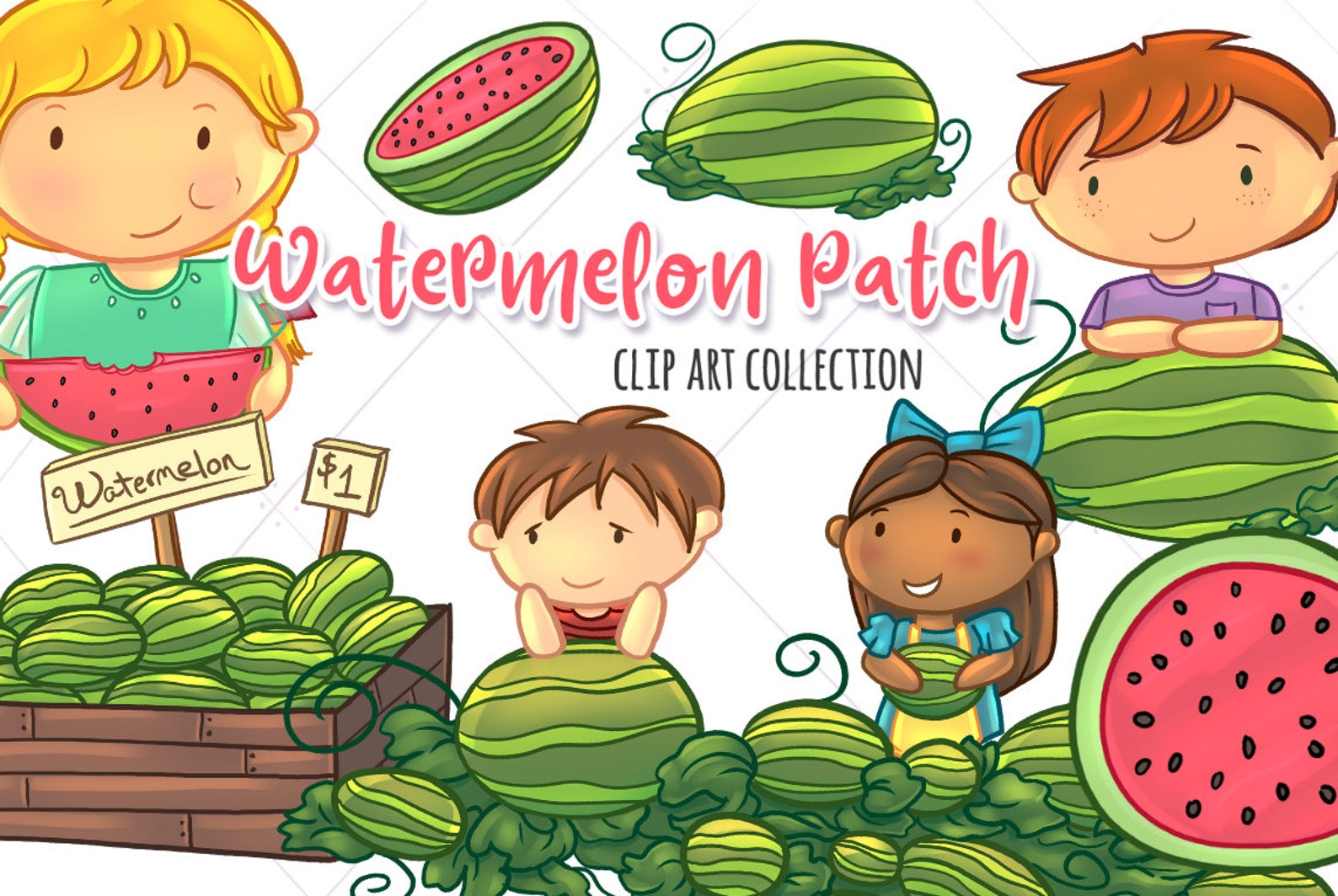 Watermelon Patch Kids Clip Art Set Cute Kids Watermelon Clip Art Summer ...