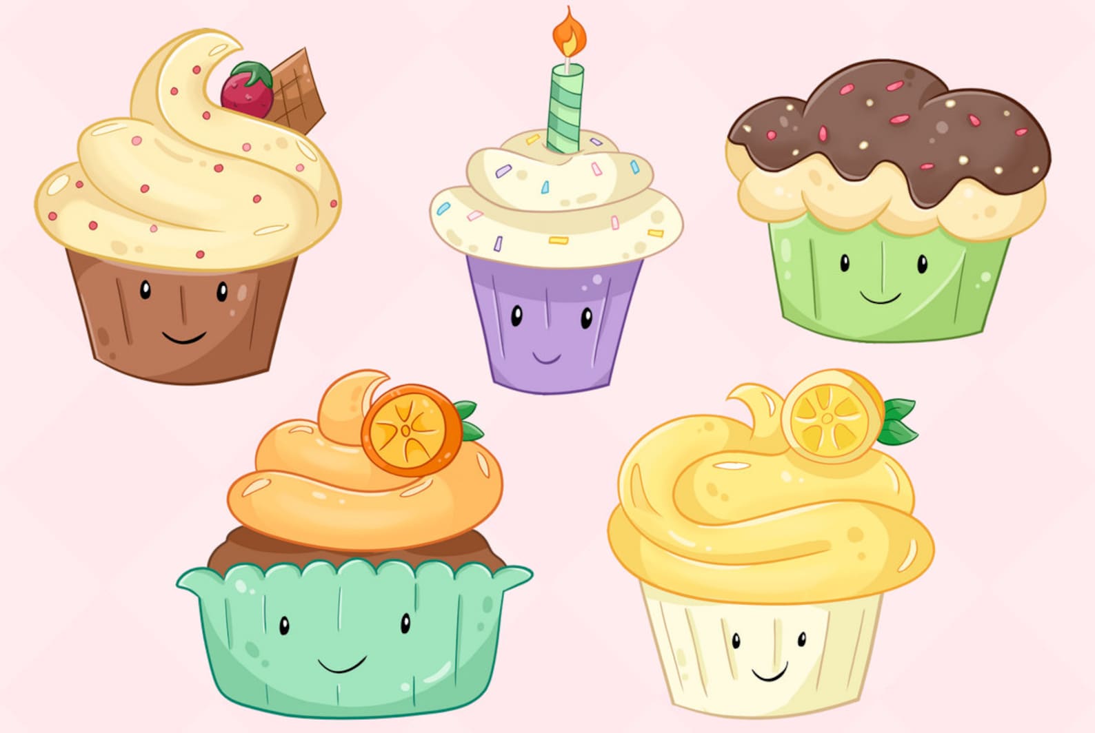 Kawaii Cupcake Clip Art Collection, Kawaii Cupcakes, Cute Party ...