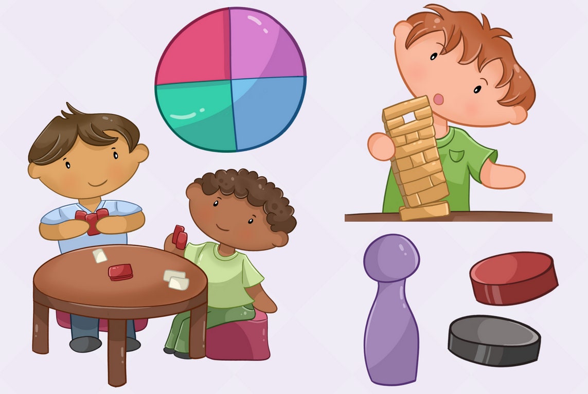 Cute Kids Playing Board Games Clip Art Kawaii Kids Playing | Etsy