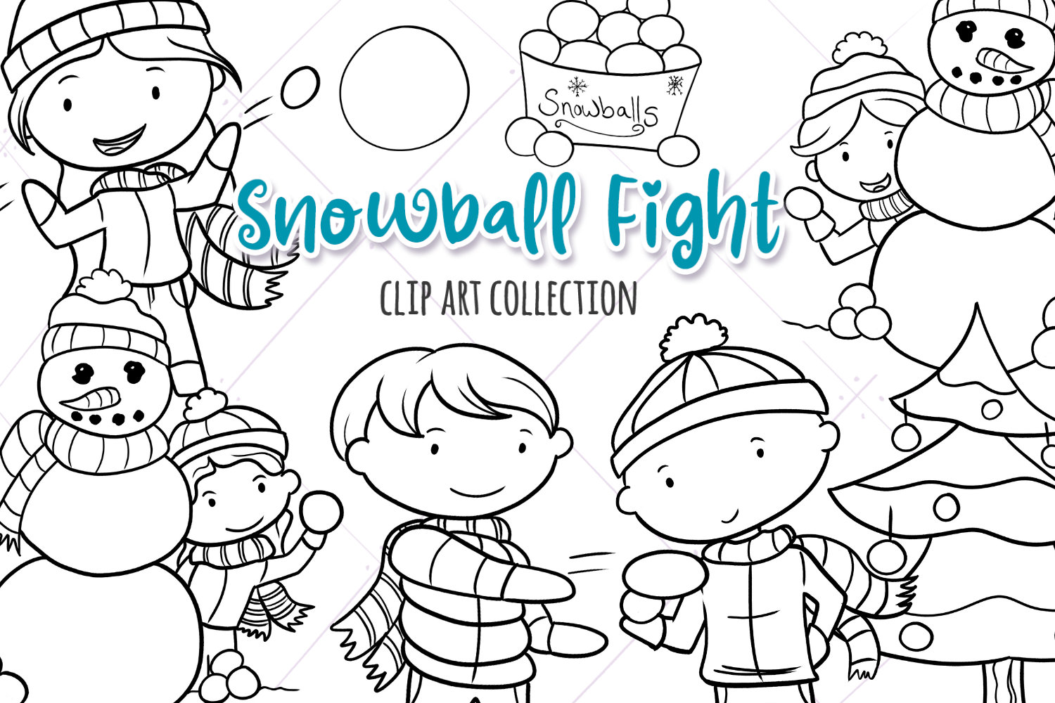 Snow Ball Fight Winter Wonderland Digital Stamp Set, Cute Kids Snowball ...