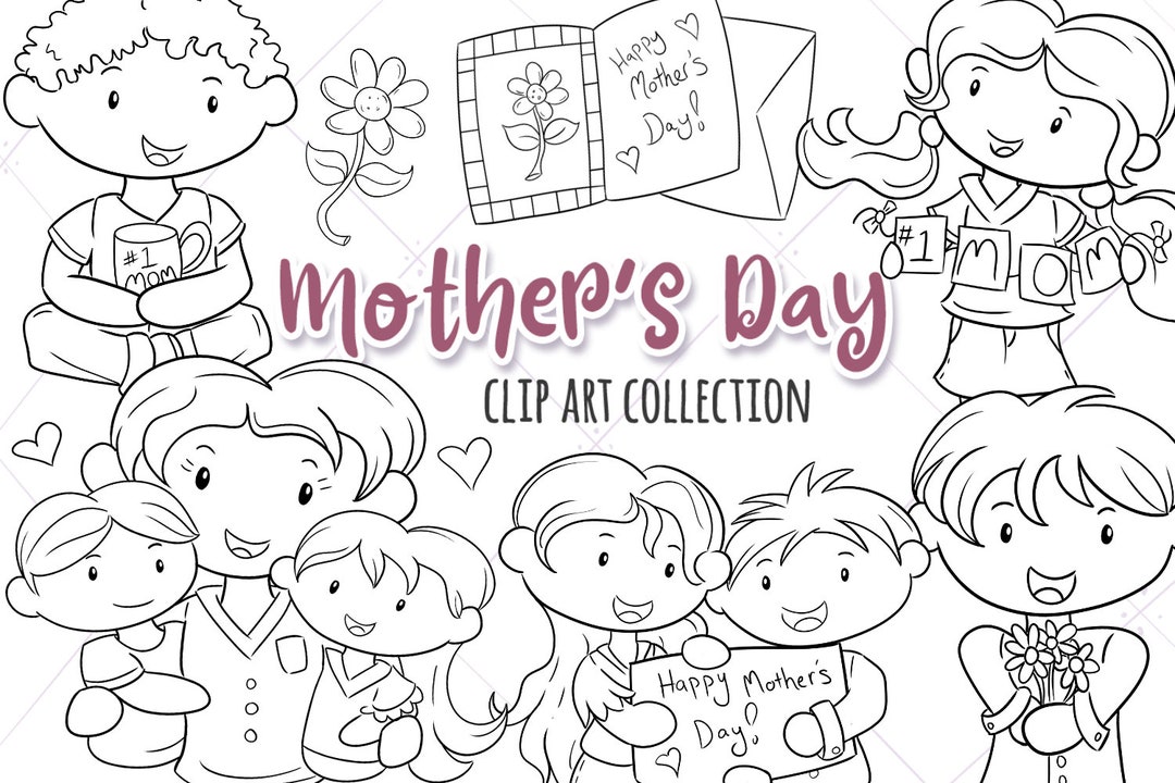 Cute Mother's Day Black and White Collection, Mom and Kids Clipart ...
