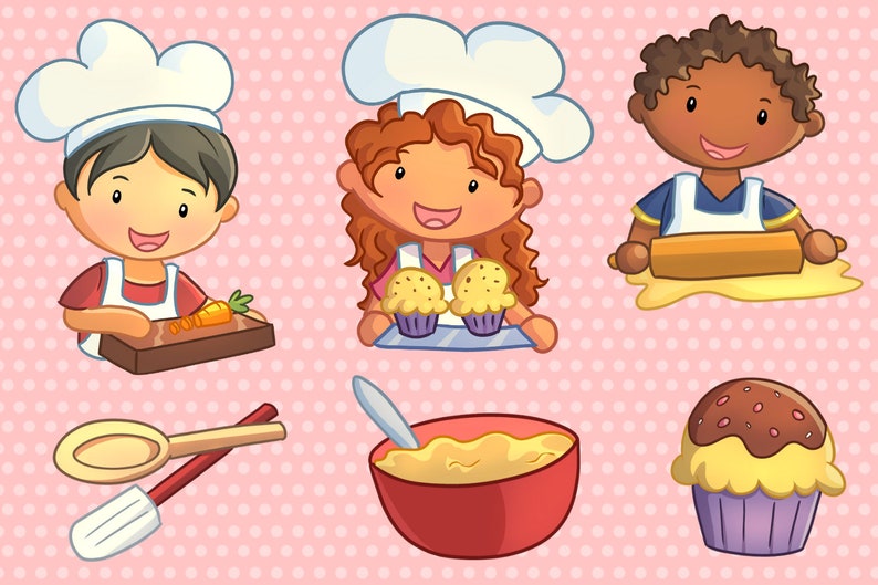 Cute Kids Cooking Clipart Set, Kawaii Kids Baking Clip Art, Kids Making ...