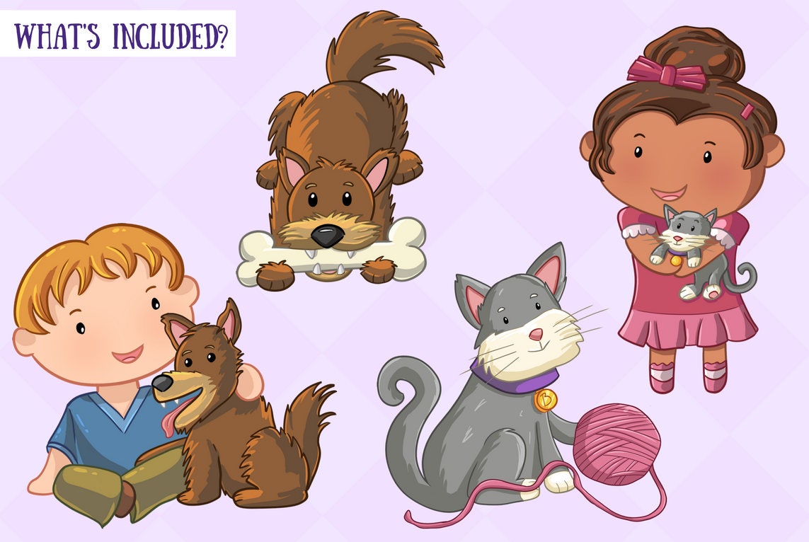 Cute Kids With Pets Clip Art Kids and Pets Graphics Kawaii - Etsy