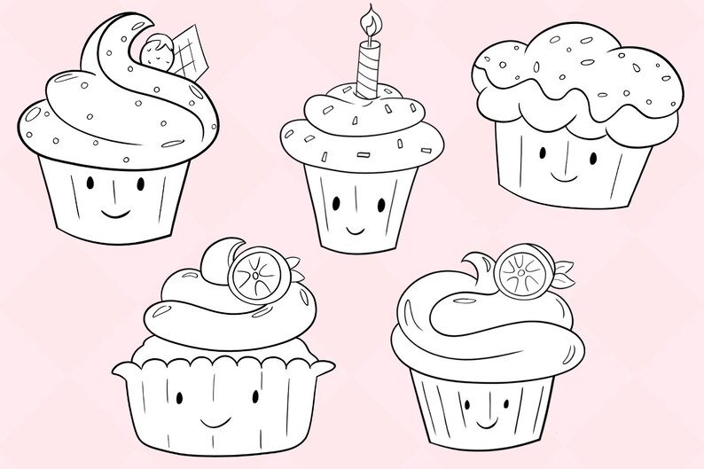 Kawaii Cupcake Black and White Clip Art Collection, Kawaii Cupcakes ...