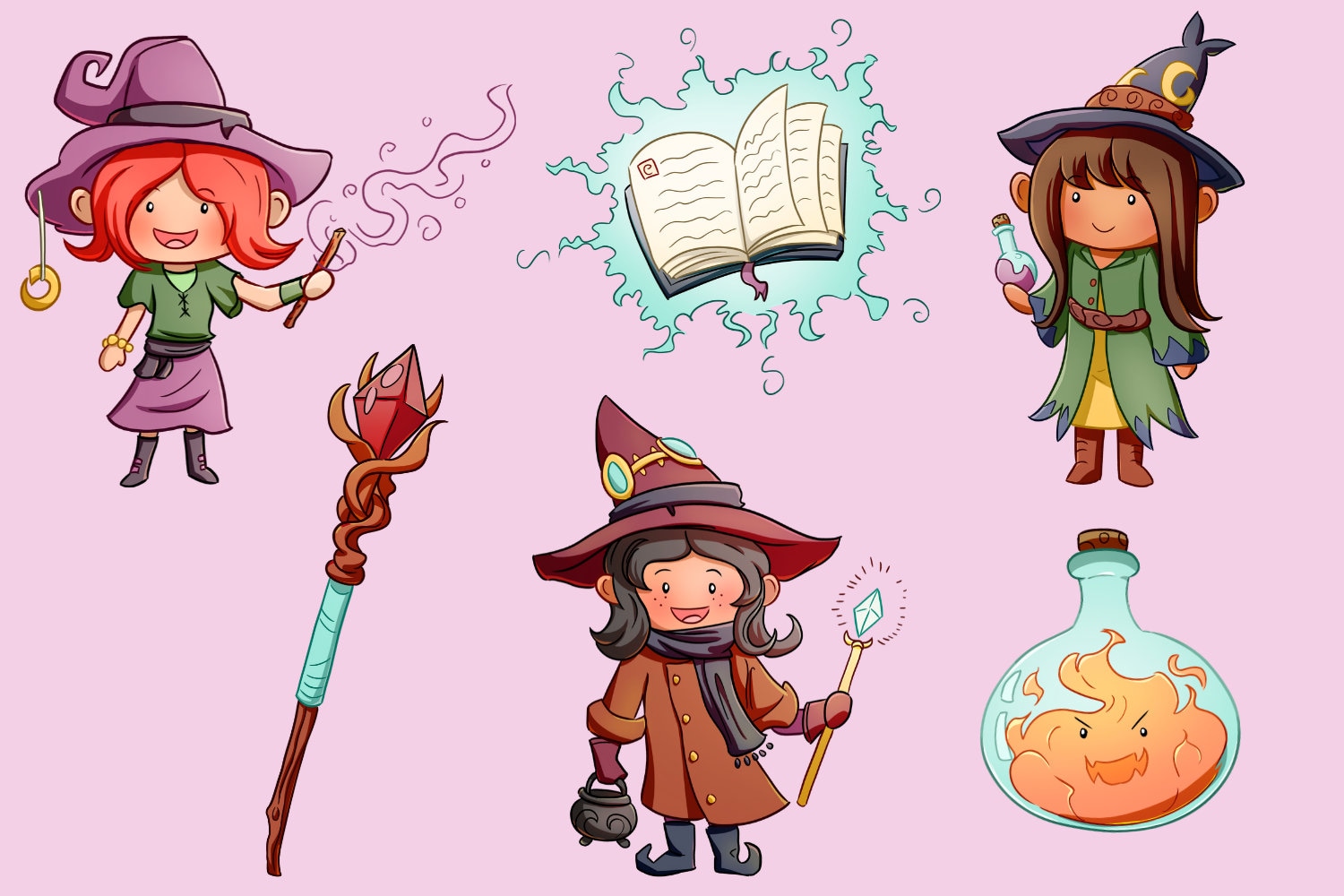 Playful Witches Clipart Collection Cute Fantasy Witches Clip - Etsy