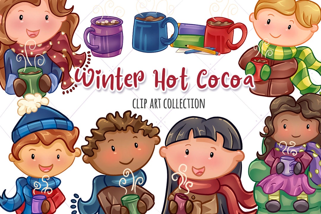 Cute Winter Hot Cocoa Kids Clip Art, Hot Cocoa Clipart, Kawaii Winter ...