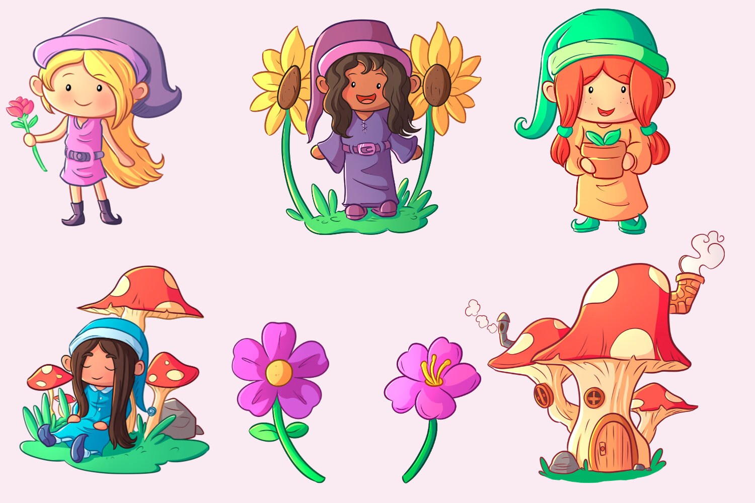 Spring Gnome Girls Clipart Cute Garden Gnome Clip Art Kawaii - Etsy