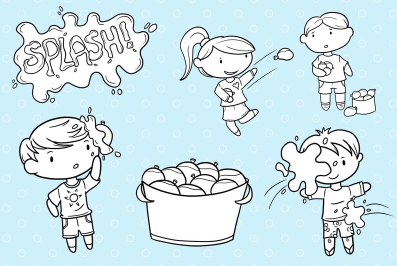 Water Balloon Fight Digital Stamps Set - Cute Kids Waterballoon Fight ...