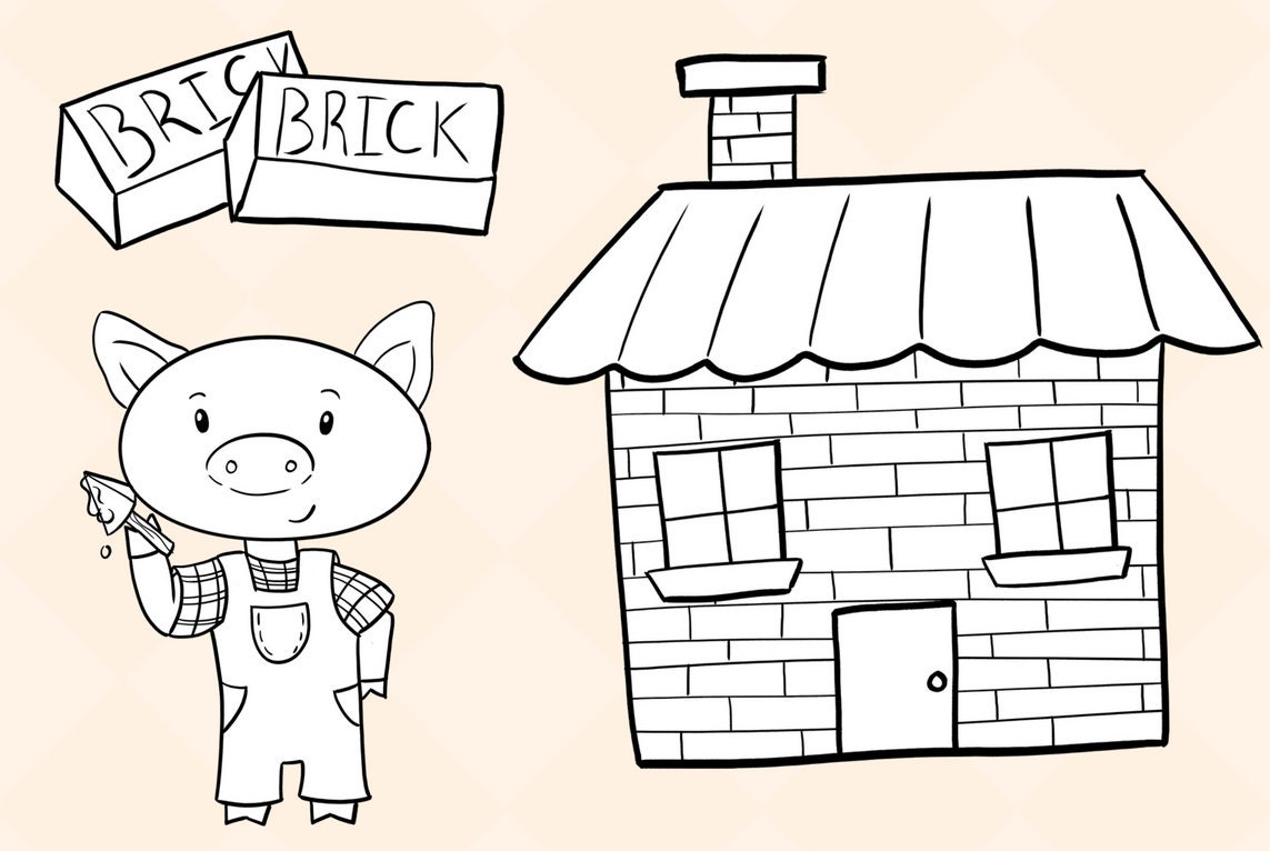 Three Little Pigs Fairy Tale Black and White Illustrations, Fairy Tale ...